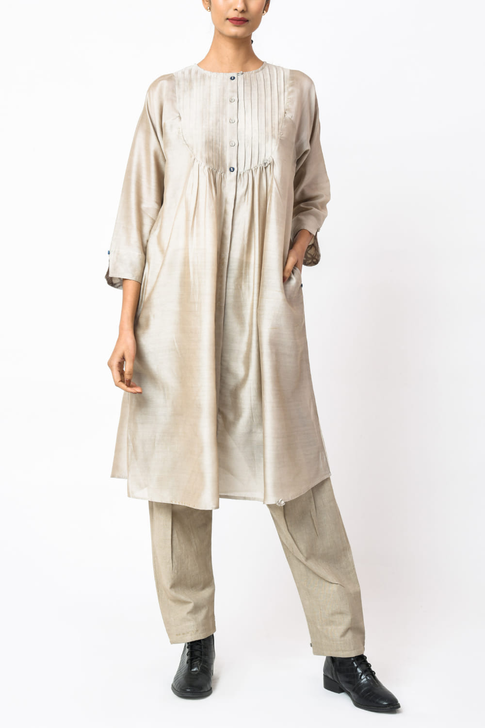 Buy Beige pin tuck and gather detailed tunic set by Jayati Goenka at ...