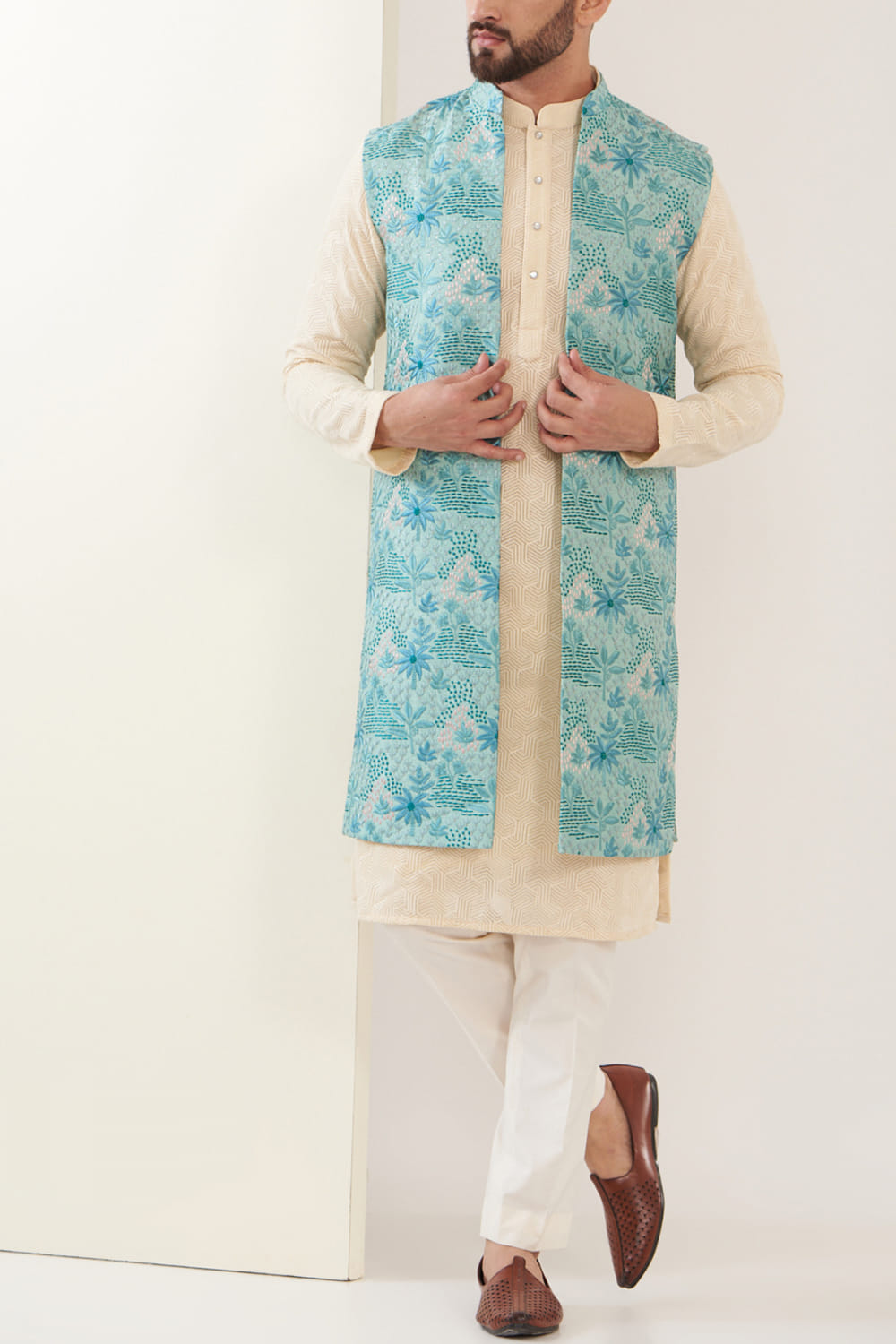 Buy Blue tree embroidery long shrug by Kasbah at Aashni and Co