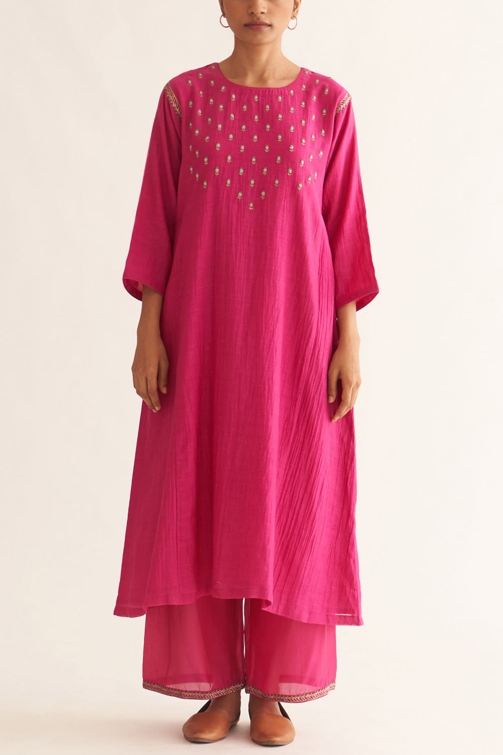 Buy Bright pink pitta and french knot embroidered kurta set by DOT at ...