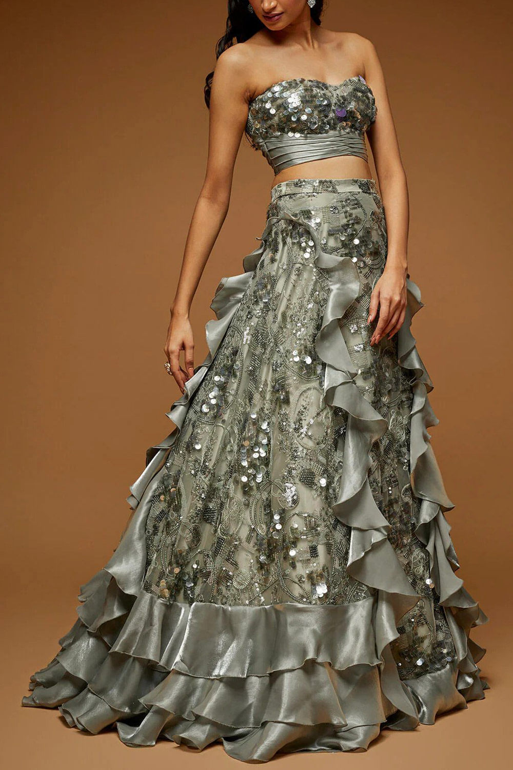 Buy Eucalyptus cascade ruffle skirt & crop top-Neeta Lulla|Aashni & Co