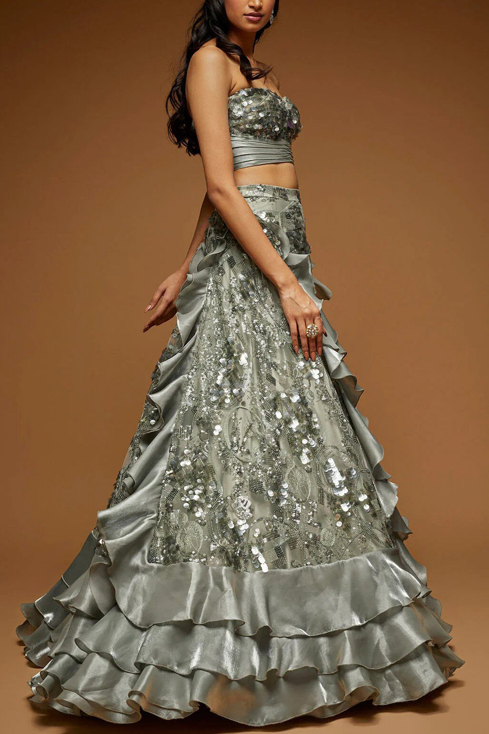 Buy Eucalyptus cascade ruffle skirt & crop top-Neeta Lulla|Aashni & Co