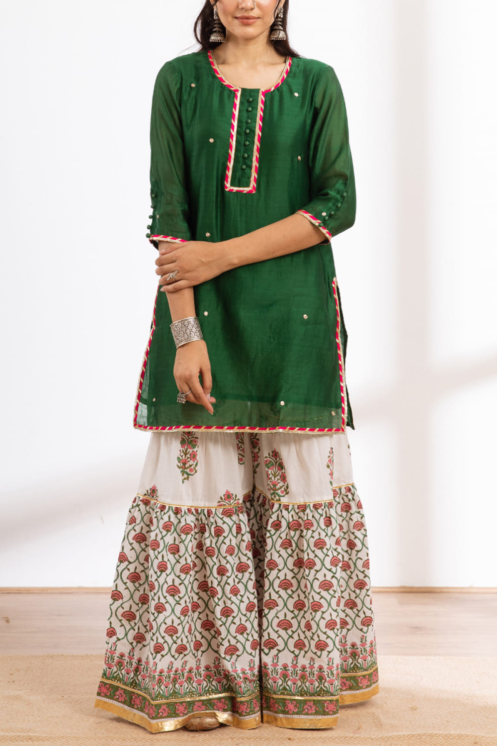 Buy Green floral block print sharara by Maison Shefali |Aashni & Co