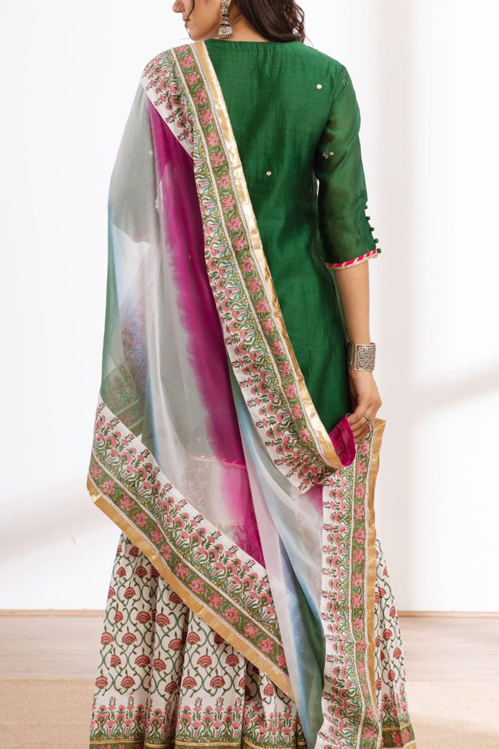 Buy Green floral block print sharara by Maison Shefali |Aashni & Co