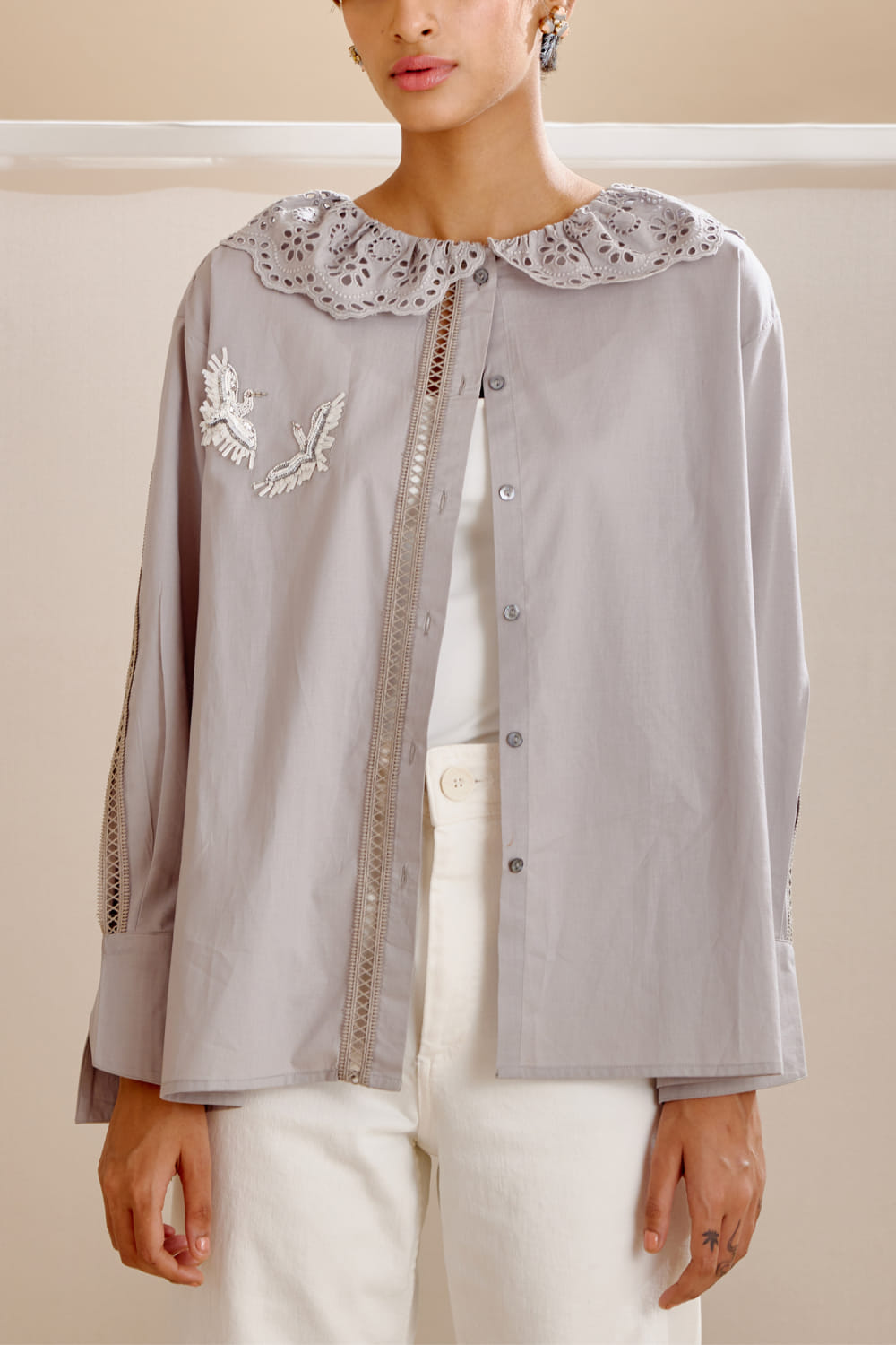 Buy Grey 3D bird motif embroidered shirt by Bunka at Aashni and Co