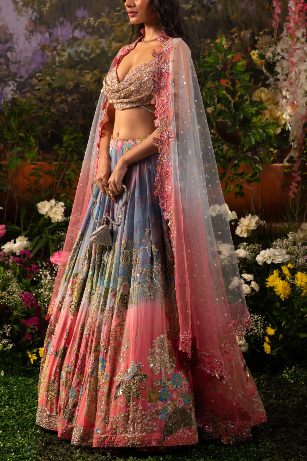 Buy Ice blue ombre floral embroidery lehenga set by Moledro at Aashni ...