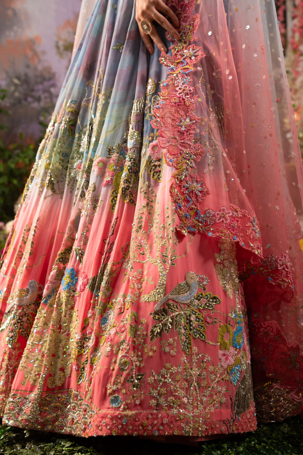 Buy Ice blue ombre floral embroidery lehenga set by Moledro at Aashni ...