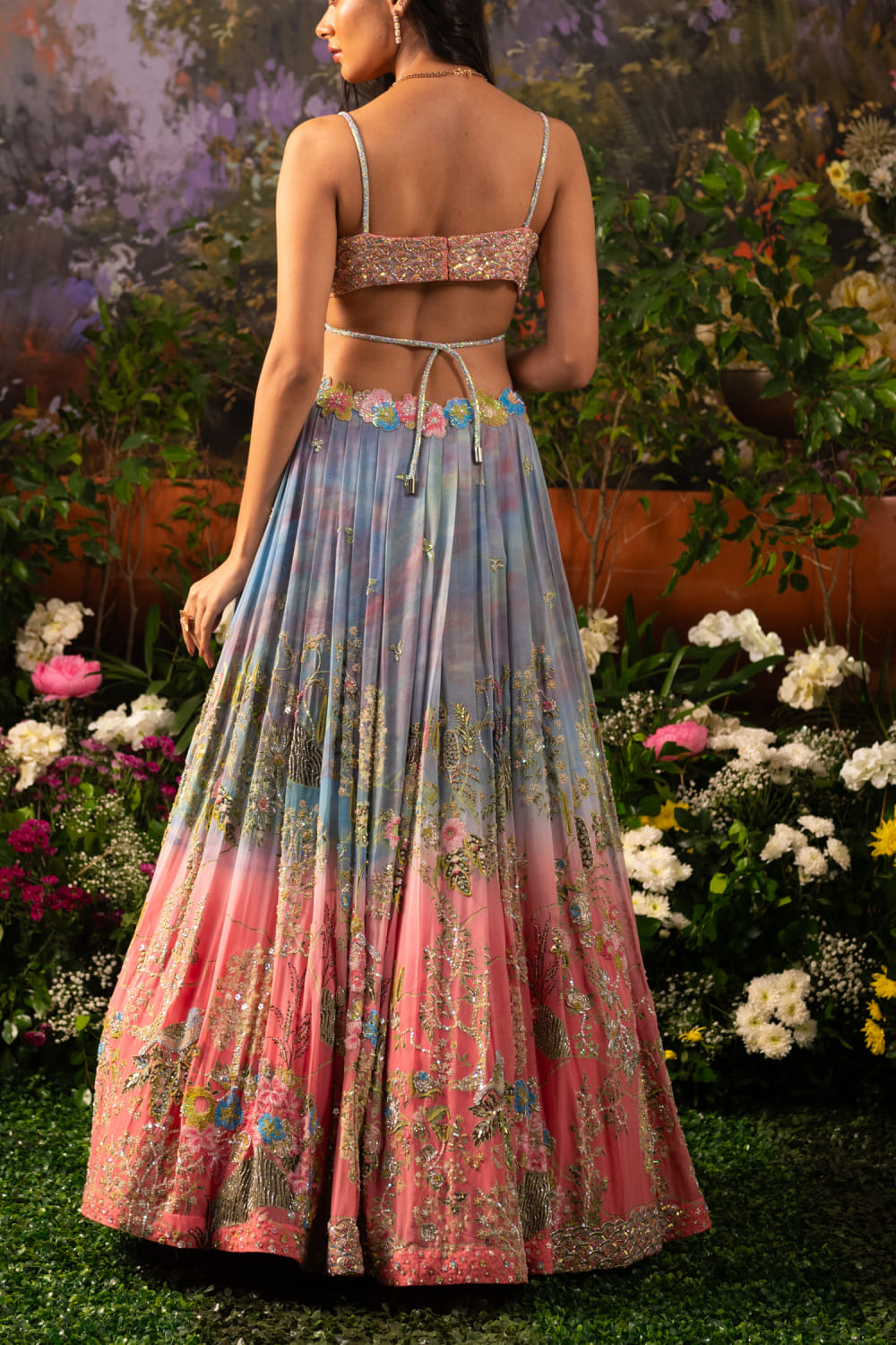 Buy Ice blue ombre floral embroidery lehenga set by Moledro at Aashni ...