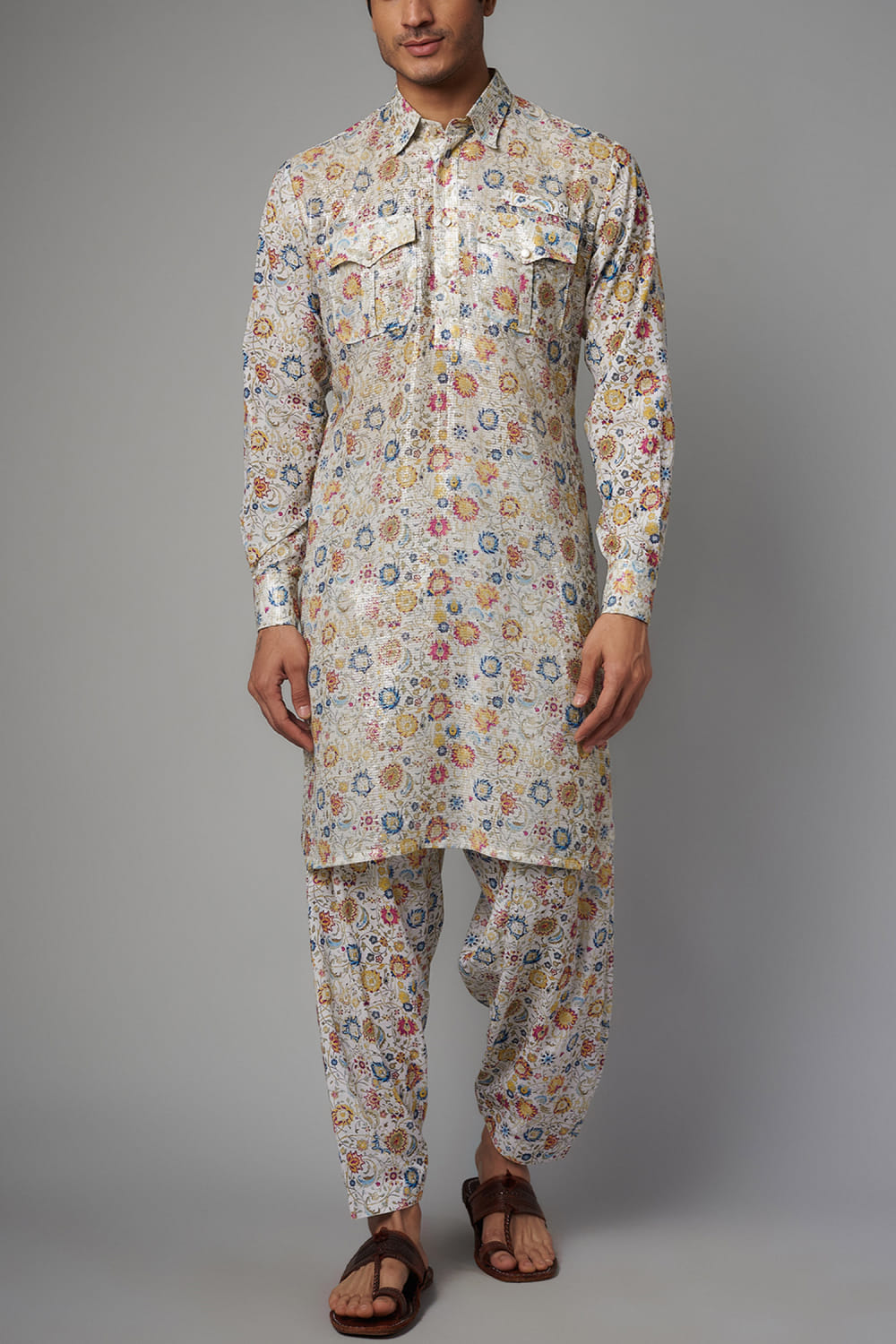 Buy Ivory floral print sequinned pathani kurta set by Rabani & Rakha at Aashni and Co