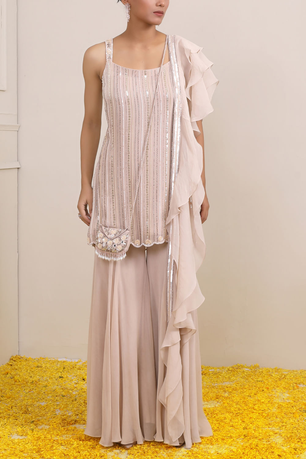 Buy Ivory linear embroidery kurta and sharara set by Miku Kumar at ...