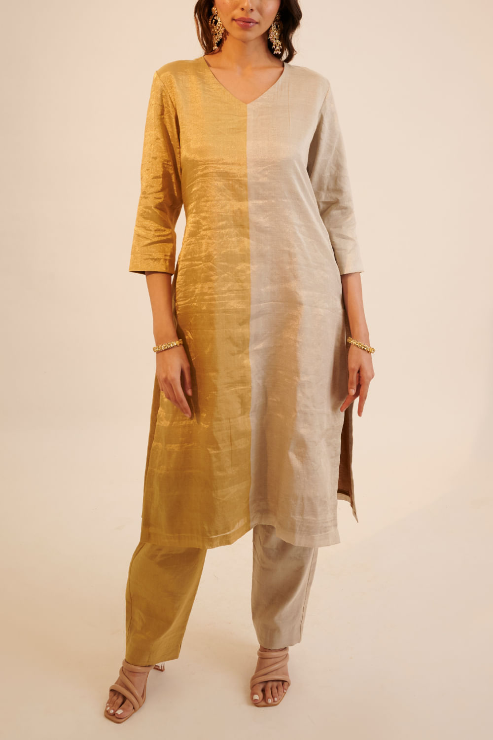 Buy Metallic half and half tissue kurta by Sheela Suthar |Aashni & Co