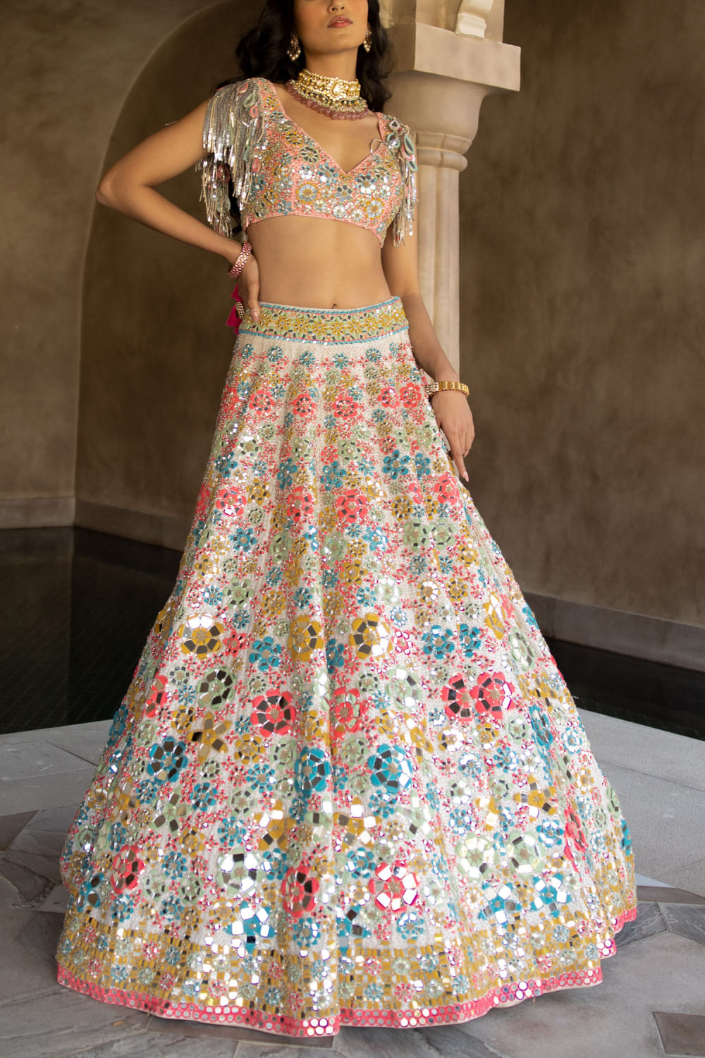 Buy Multicolour floral mirror work lehenga set by Abhinav Mishra at Aashni and Co