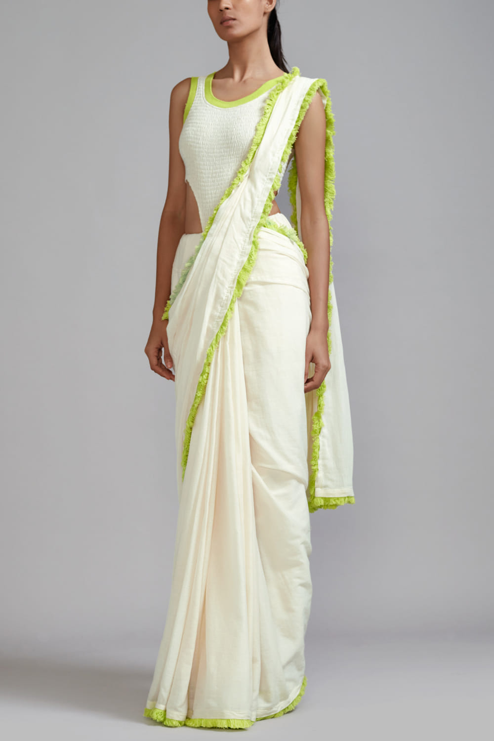 Buy Off-white and neon fringe saree set by Mati at Aashni and Co