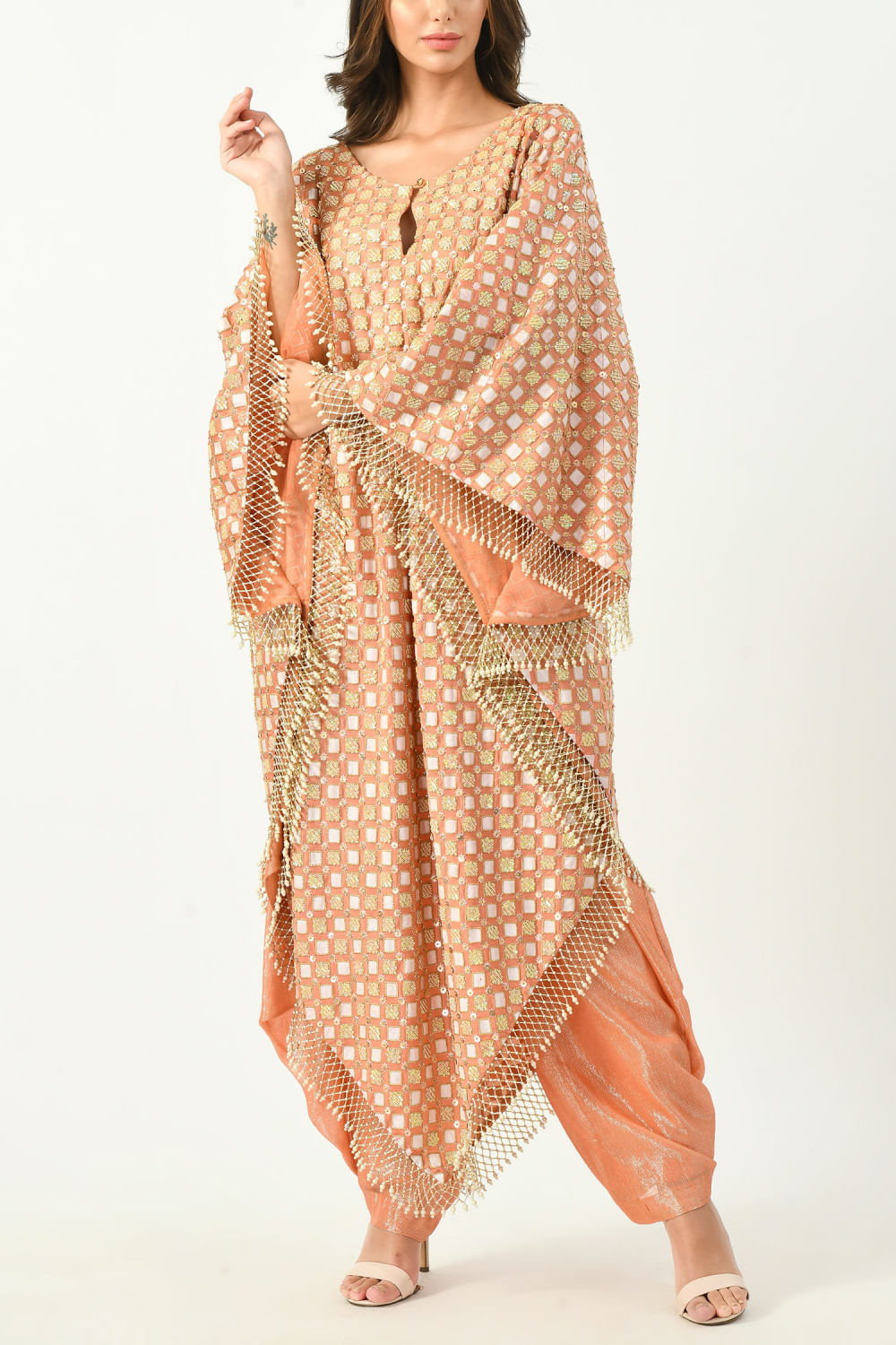 Buy Peach embellished kaftan set by Moledro at Aashni and Co