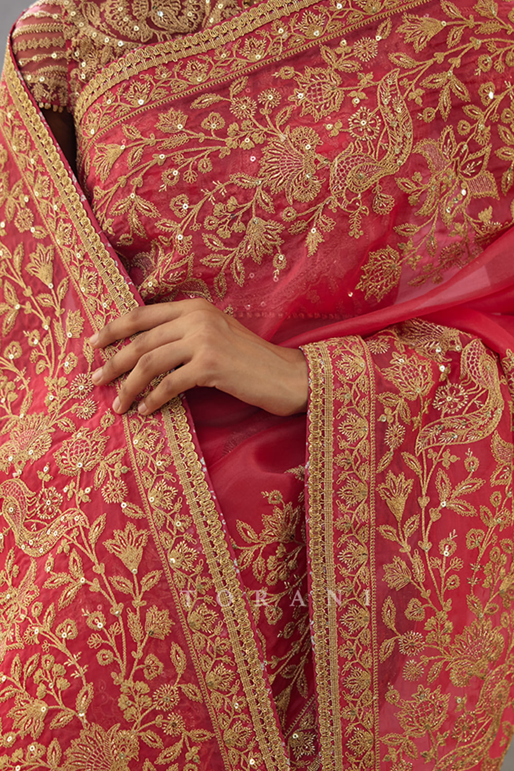 Buy Pink dori embroidery saree by Torani at Aashni and Co