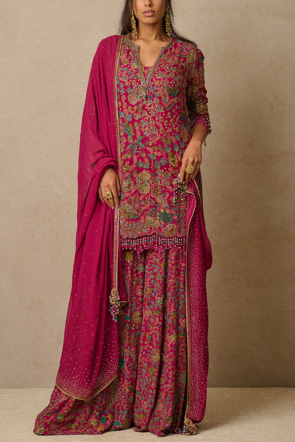 Buy Pink floral print and embroidery sharara set by Tarun Tahiliani at ...