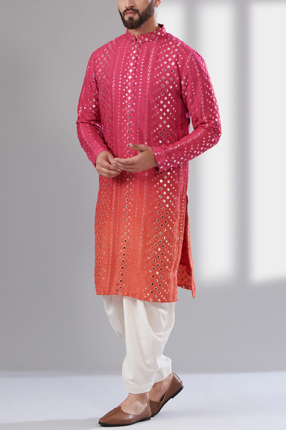 Buy Pink ombre mirror embroidery kurta by Kasbah at Aashni and Co