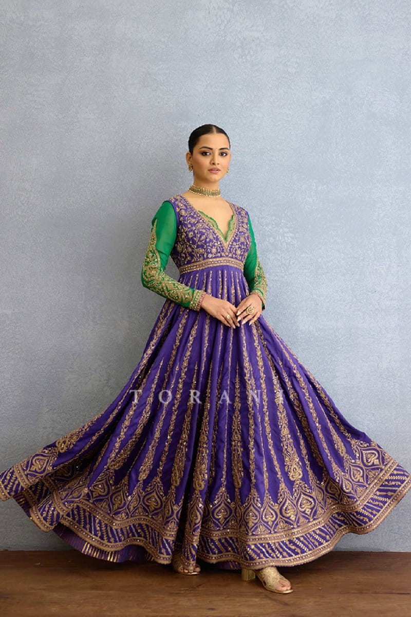 Buy Purple floral zari embroidered anarkali set by Torani at Aashni and Co