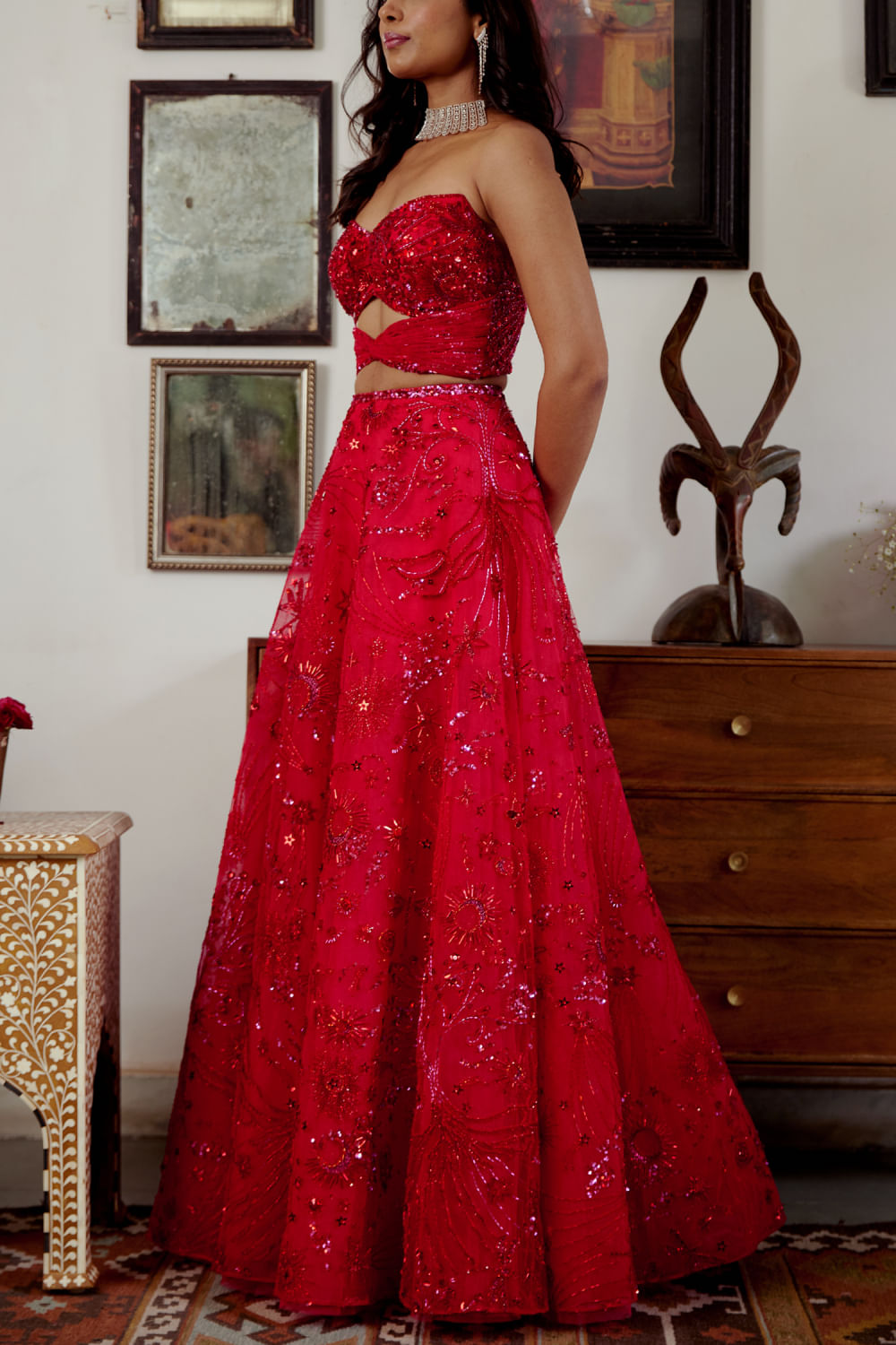 Buy Red sequin and bead embroidered lehenga set by Moledro at Aashni and Co