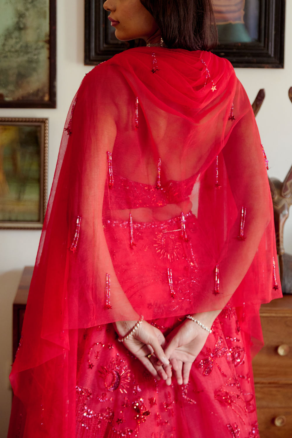 Buy Red sequin and bead embroidered lehenga set by Moledro at Aashni and Co