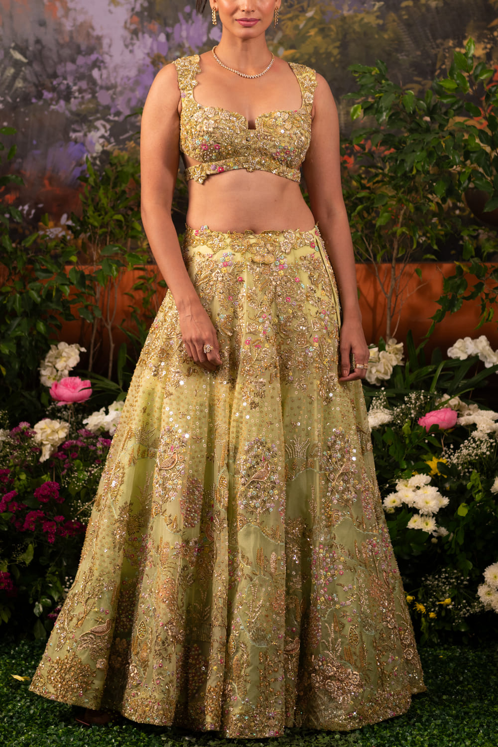 Buy Sage green floral and bird embroidery lehenga set by Moledro at ...