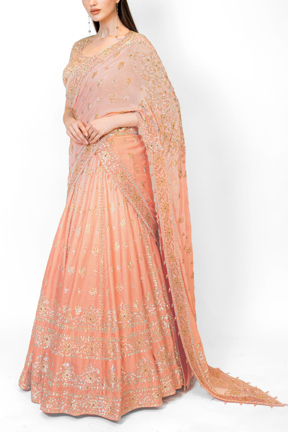 Buy Shaded peach sequin embellished lehenga set by Rabani & Rakha at ...
