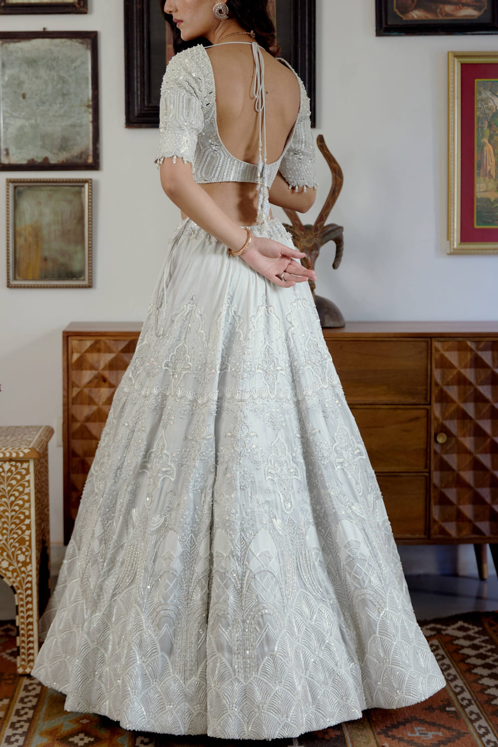 Buy White pearl and crystal embroidered lehenga set by Moledro at ...