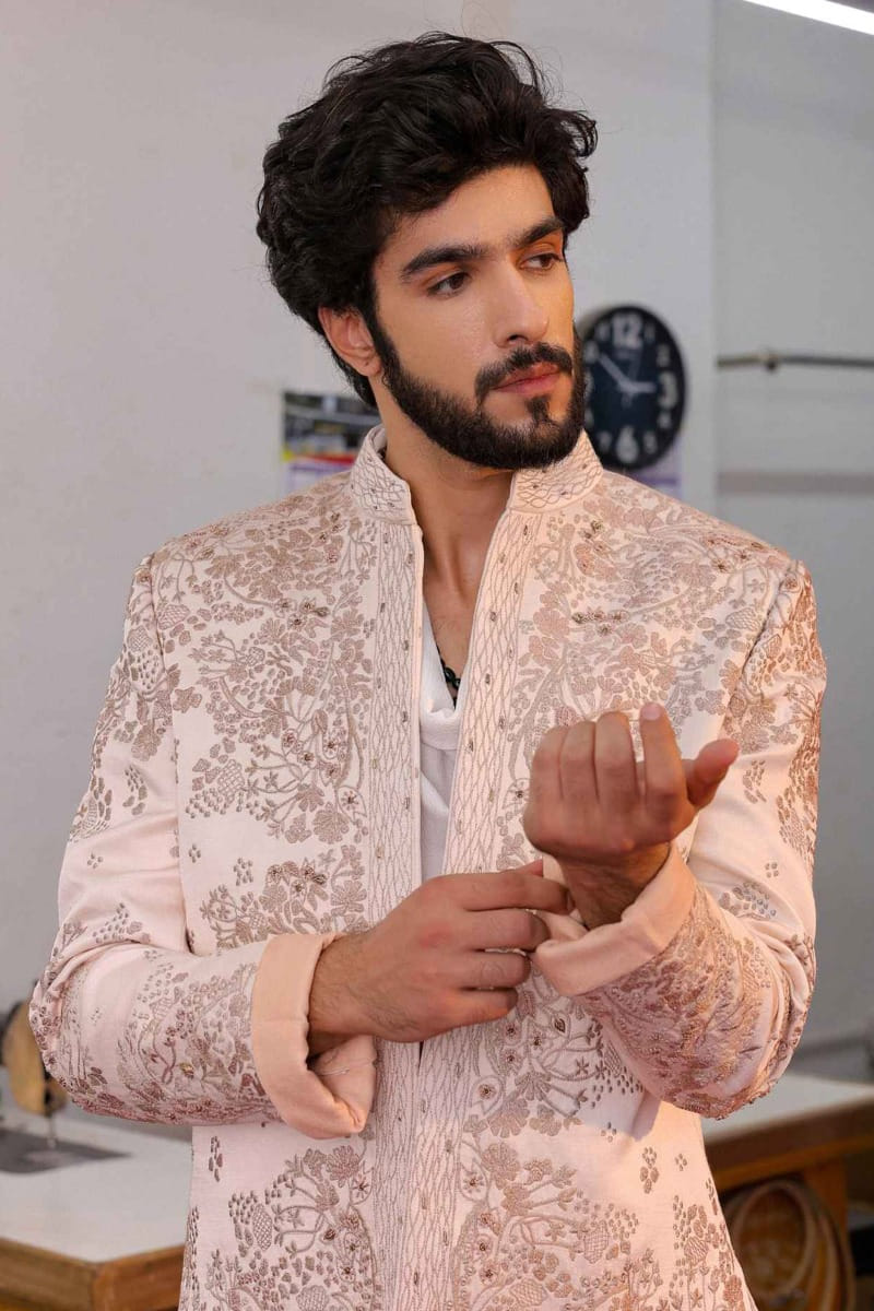 Buy Pastel pink tonal embroidered bandhgala set by Jatin Malik at ...