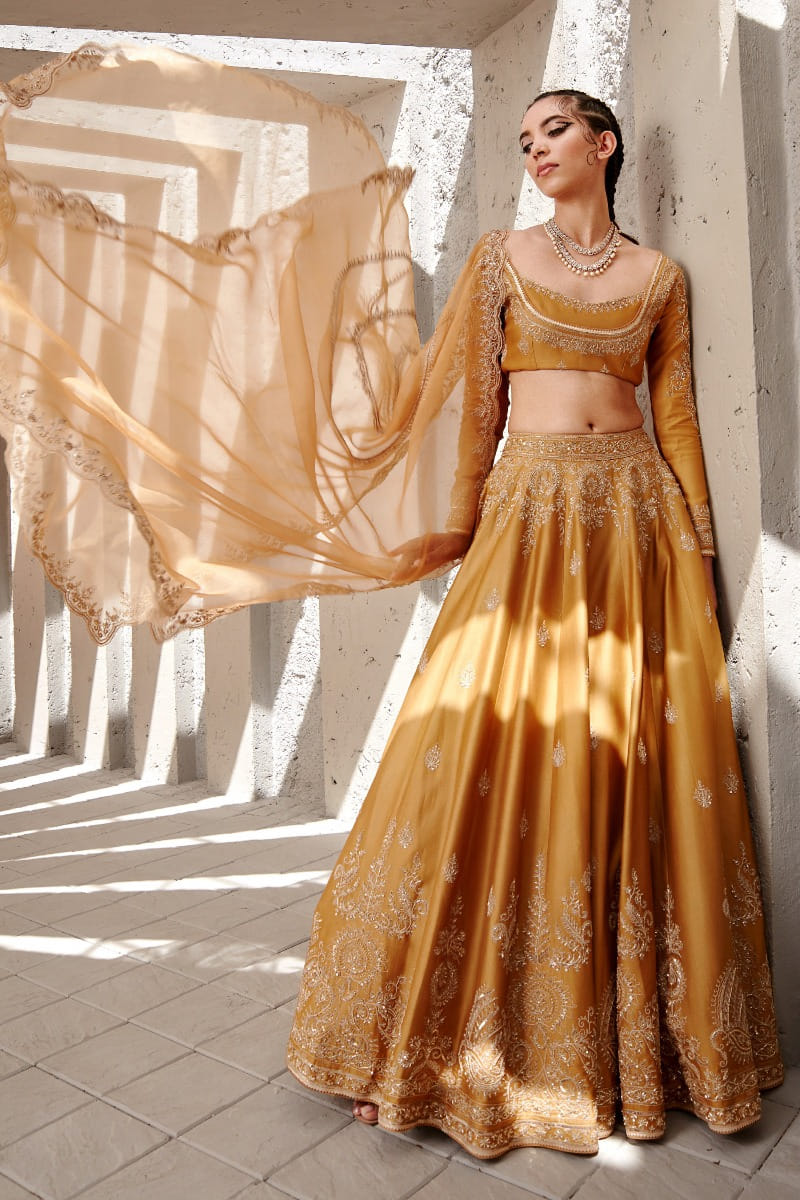 Buy Mustard dori embroidered lehenga set by Jigar Mali at Aashni and Co
