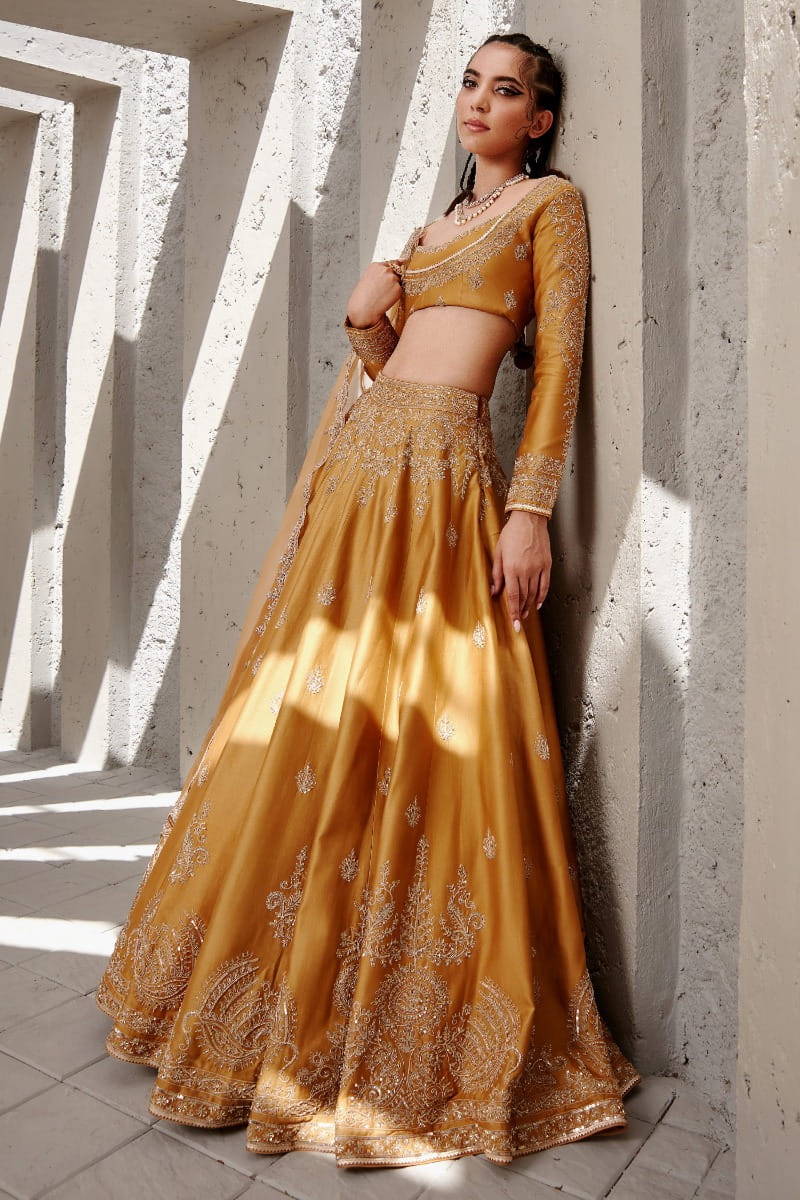 Buy Mustard dori embroidered lehenga set by Jigar Mali at Aashni and Co