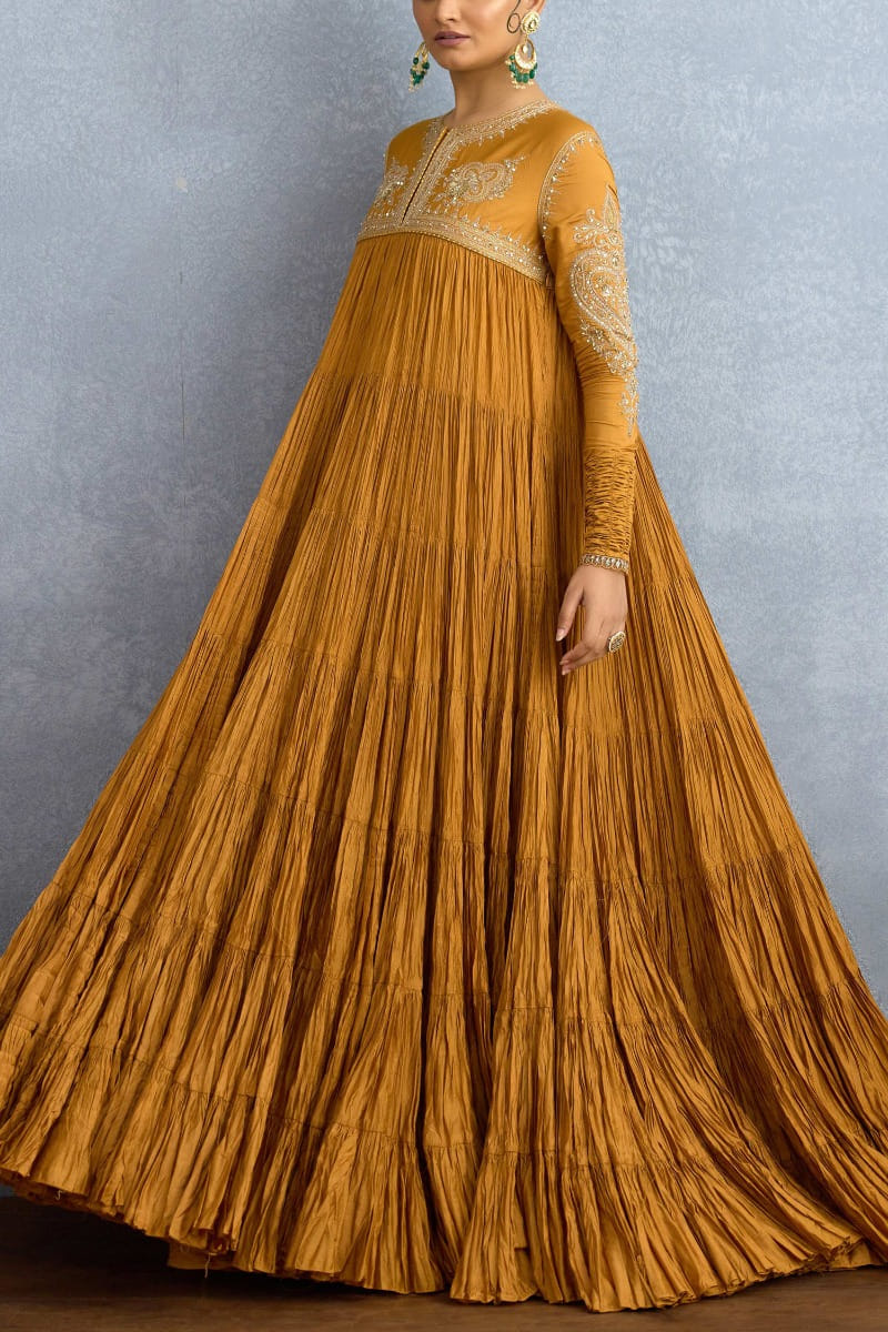 Buy Ochre club zari embroidery tiered anarkali set by Torani at Aashni ...
