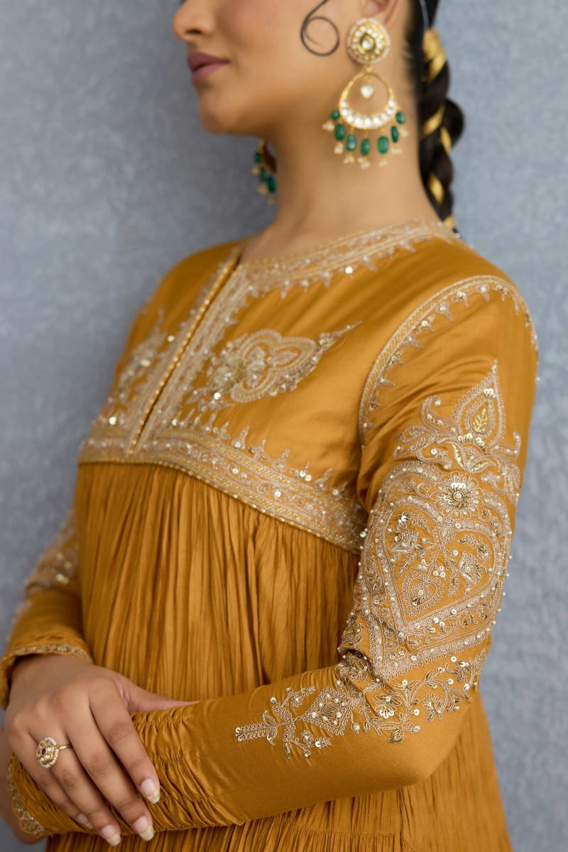 Buy Ochre club zari embroidery tiered anarkali set by Torani at Aashni ...